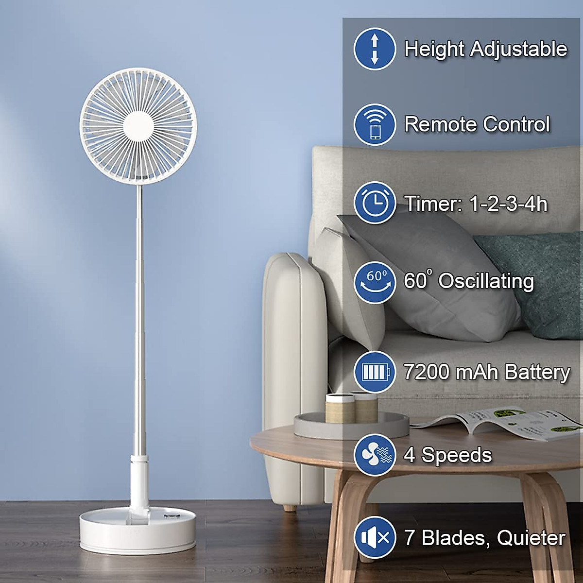 EZYDAYYI Battery Operated Floor Standing Fan Foldable Oscillating Desk Fan for Bedroom, Rechargeable 7200 mAh 8 inch Portable Small Room Fan Camping Travel Cooling Fan with Remote, Timer and 4 Speeds