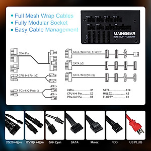 MAINGEAR Ignition Fully Modular Power Supply PC, 1200W, 80 Plus Platinum Certified, SLI Crossfire Ready, FSP1200-50AJB, 10 Year Warrenty