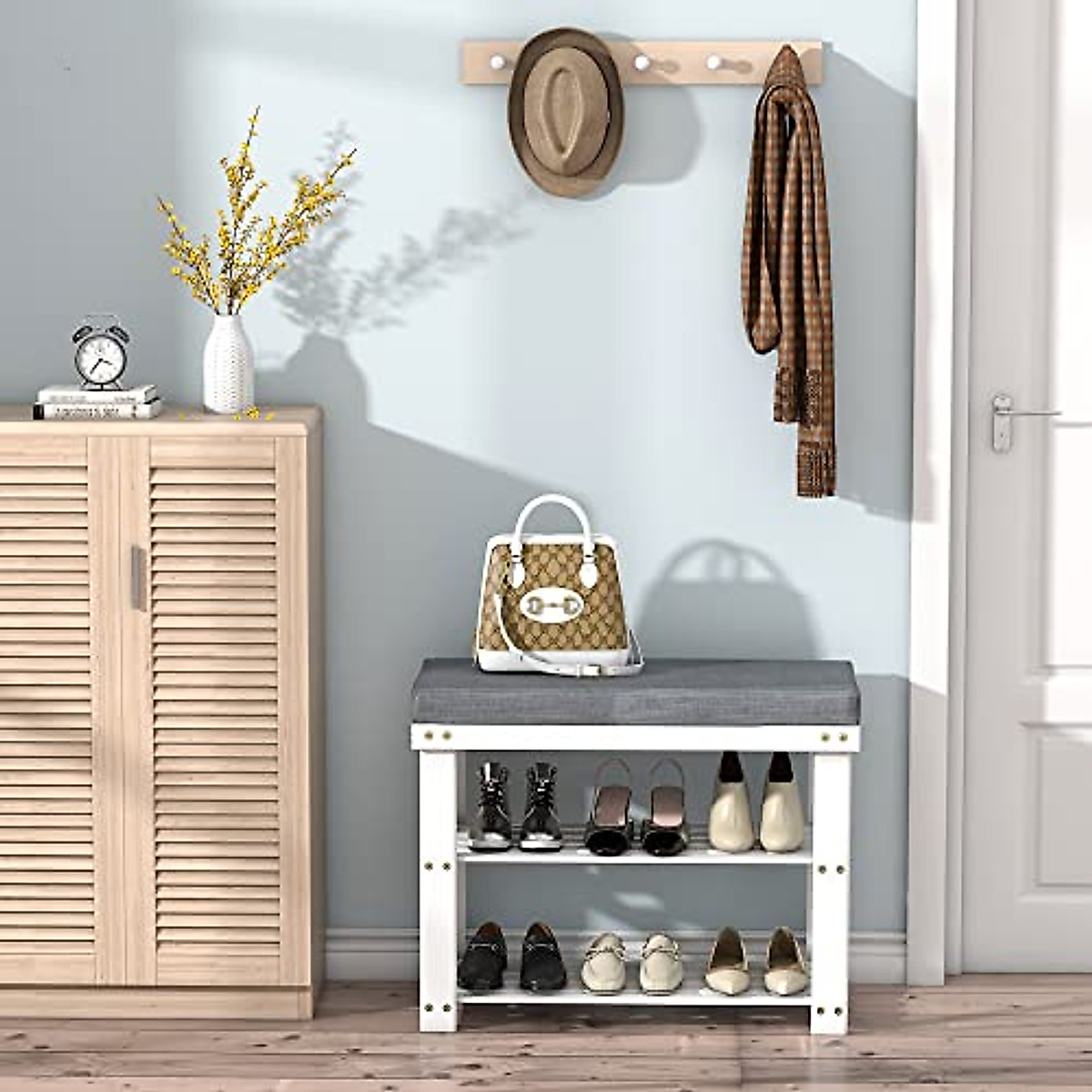 Domax White Shoe Rack Bench for Entryway - Bench with Shoe Storage Front Door Shoe Bench with Cushion Upholstered Padded Seat 3 Tier Bamboo Shoe Holder for Indoor Entrance Hallway Bedroom Living Room