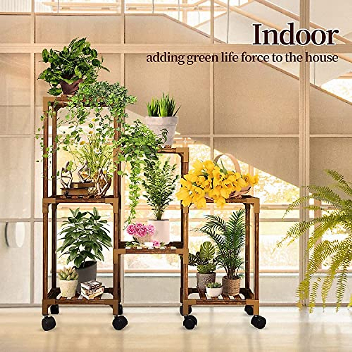 Qilebi Plant Stand Indoor With Wheels, Wood Outdoor Plant Stand for Multiple Plants, 9 Tier Ladder Plant Holder Table Plant Pot Stand for Garden, Balcony, Living Room, Corner, Front & Back Yard