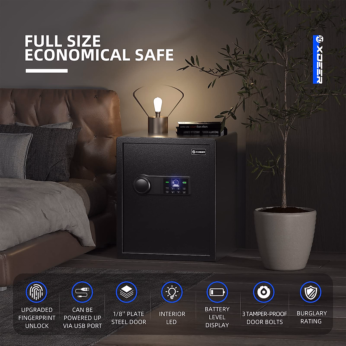 XDeer CS42 Biometric Gun Safe Lock Box - (1.69 Cubic Feet) Quick-Access Security Safe with Fingerprint Scanner, Gun Rack, and Steel Construction for Home, Office