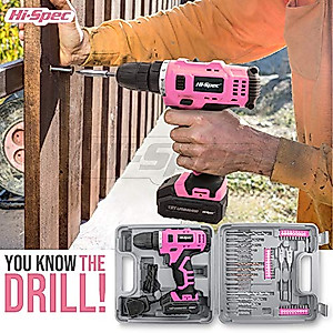 Hi-Spec 50 Piece 12V Pink Drill Driver & Multi Bit Set. High Speed Cordless & Rechargeable Electric Power Screwdriver & Drill for Household DIY. Complete in a Carry Case