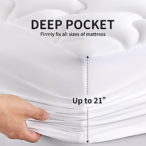 SLEEP ZONE Cooling Mattress Topper Queen Mattress Pad, Quilted Fitted Mattress Cover, Machine Washable, Soft Fluffy Down Alternative, Deep Pocket 8~21 inch (White, Queen)