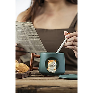 DIHOclub Adorable 3D Ceramic Cat Mug with Lid and Spoon - Perfect for Coffee, Tea, Milk, and More - Ideal Gift for Animal Lovers - 14 Ounces (Green)