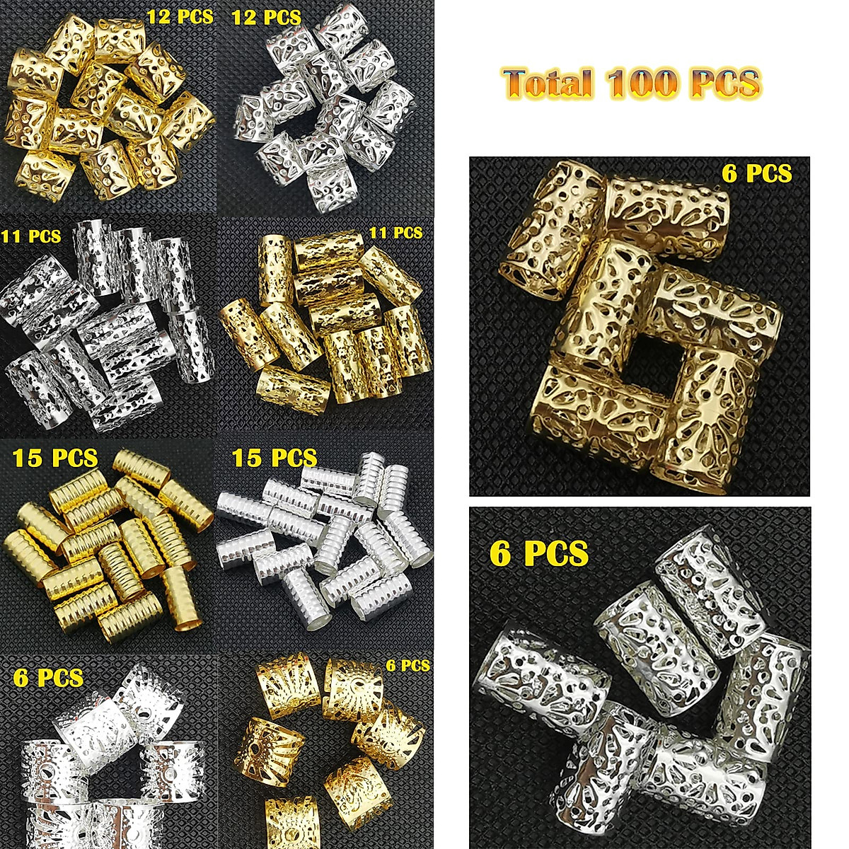 100 PCS Gold Hair Cuffs Hair Beads for Girls Silver Hair Jewelry for Braids Accessories, Flosius Hair Charms for Braids Dreadlock Accessories Loc Jewelry for Black Women