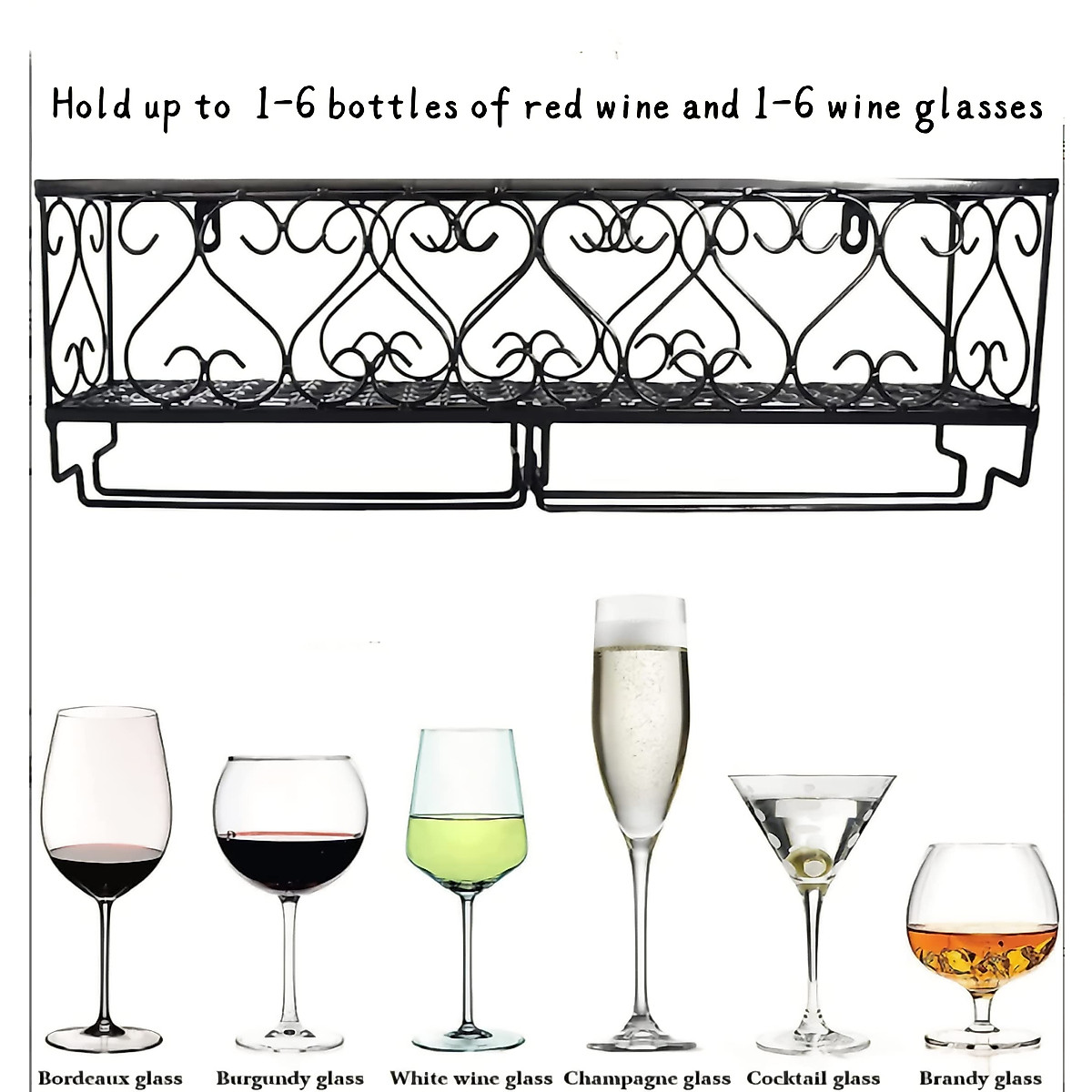 KNC Wall Mounted Wine Rack, Metal Bottle & Glass Holder with Hanging Stemware Glasses, Kitchen,Restaurant Living Room Décor,Storage Rack (Large (50cm/19.68in))