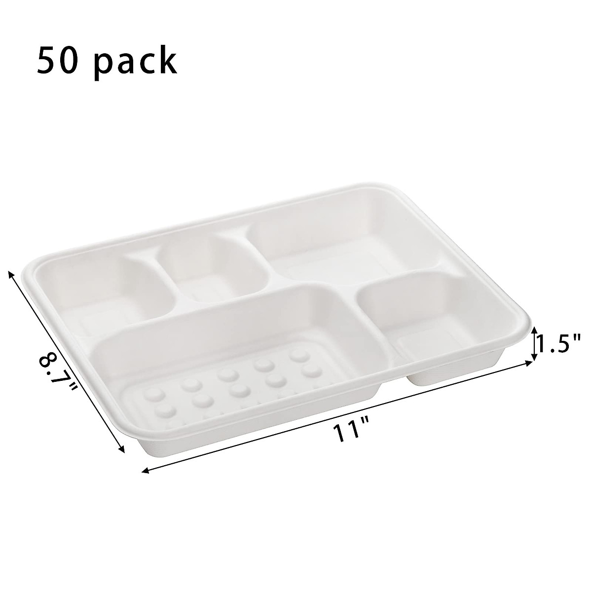 Hacaroa 50 Pack 5-Compartment Compostable Paper Plates, Natural Disposable Bagasse Plates School Lunch Trays, Rectangular Divided Plates for Party, Picnic, Eco-Friendly, Biodegradable, White