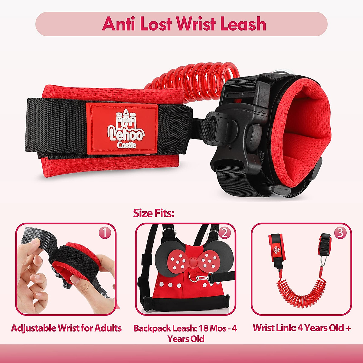 Toddlers Leash for Walking + Anti Lost Wrist Link Safety Wrist 4 in 1 for Toddlers, Child, Babies & Kids, Safety Harness Kids Walking Wristband Assistant Strap Belt (Red Minnie Toddler Leash)
