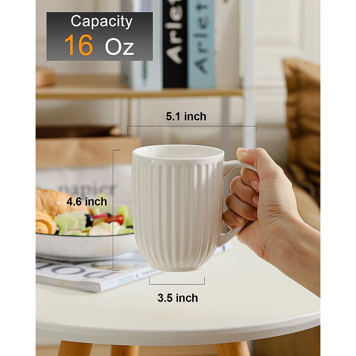 Hasense Ceramic Coffee Mugs Set of 4, 16 Oz Large Ribbed Coffee Cups with Big Handle, Unique Modern Style White Latte Mugs for Tea,Cocoa,Milk,Cappuccino, Microwave & Dishwasher Safe