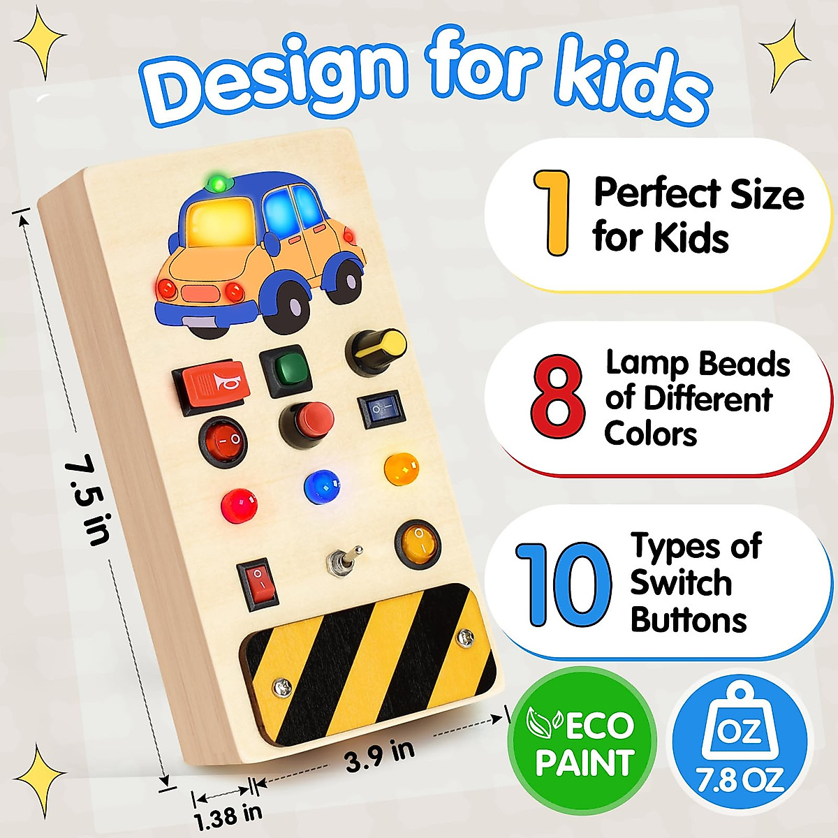 POLKRANE Busy Board with LED Light, Montessori Toys with Toggle Switch, Sensory Toys for Toddlers 1-3, Travel Toys for Educational Toddler Activities for 1 2 3 (MB-CAR)