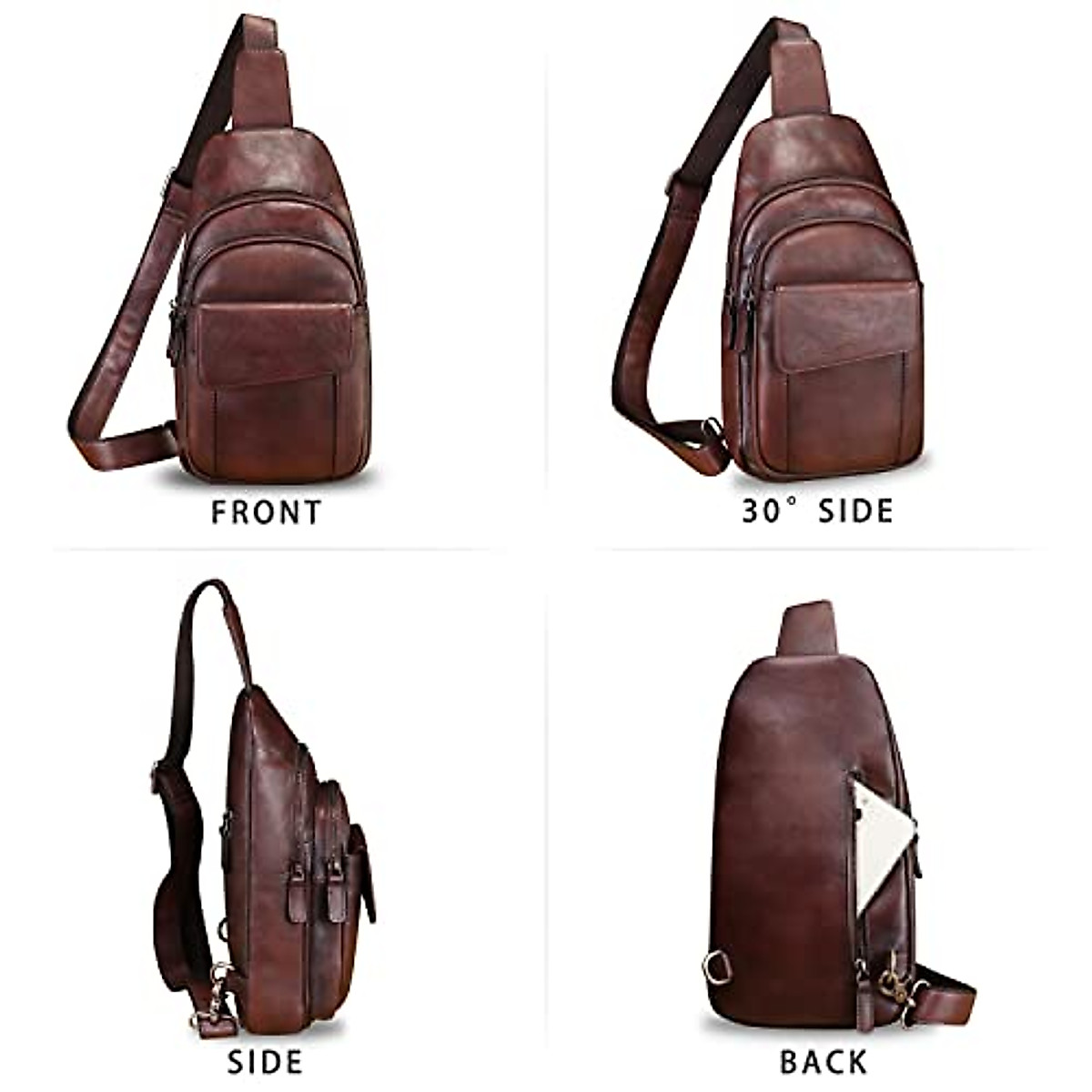 LRTO Genuine Leather Sling Bag Crossbody Motorcycle Bag Handmade Chest Bag Hiking Daypack Retro Shoulder Backpack (Coffee)