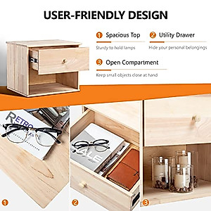 VINGLI Unfinished Natural Solid Wood Floating Nightstand for Bedroom Set of 2, Small Nightstand with Drawer & Open Shelf, Farmhouse Night Stand Wall-Mounted Bedside Table for Small Space Color DIY