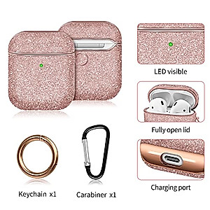 MOLOVA Bling Case for Airpods 1&2 Case,Hard Cover Glitter Rose Gold Luxury Leather with Gold-Plated Frame Shock Proof Cover with Keychain（Rose Gold）