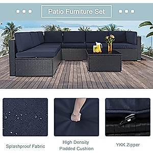 Crownland 7-Piece Outdoor Patio Furniture Sets, All-Weather Black Wicker Rattan Sectional Sofa, Modern Glass Coffee Table and Washable Seat Cushion with YKK Zipper (Dark Blue)