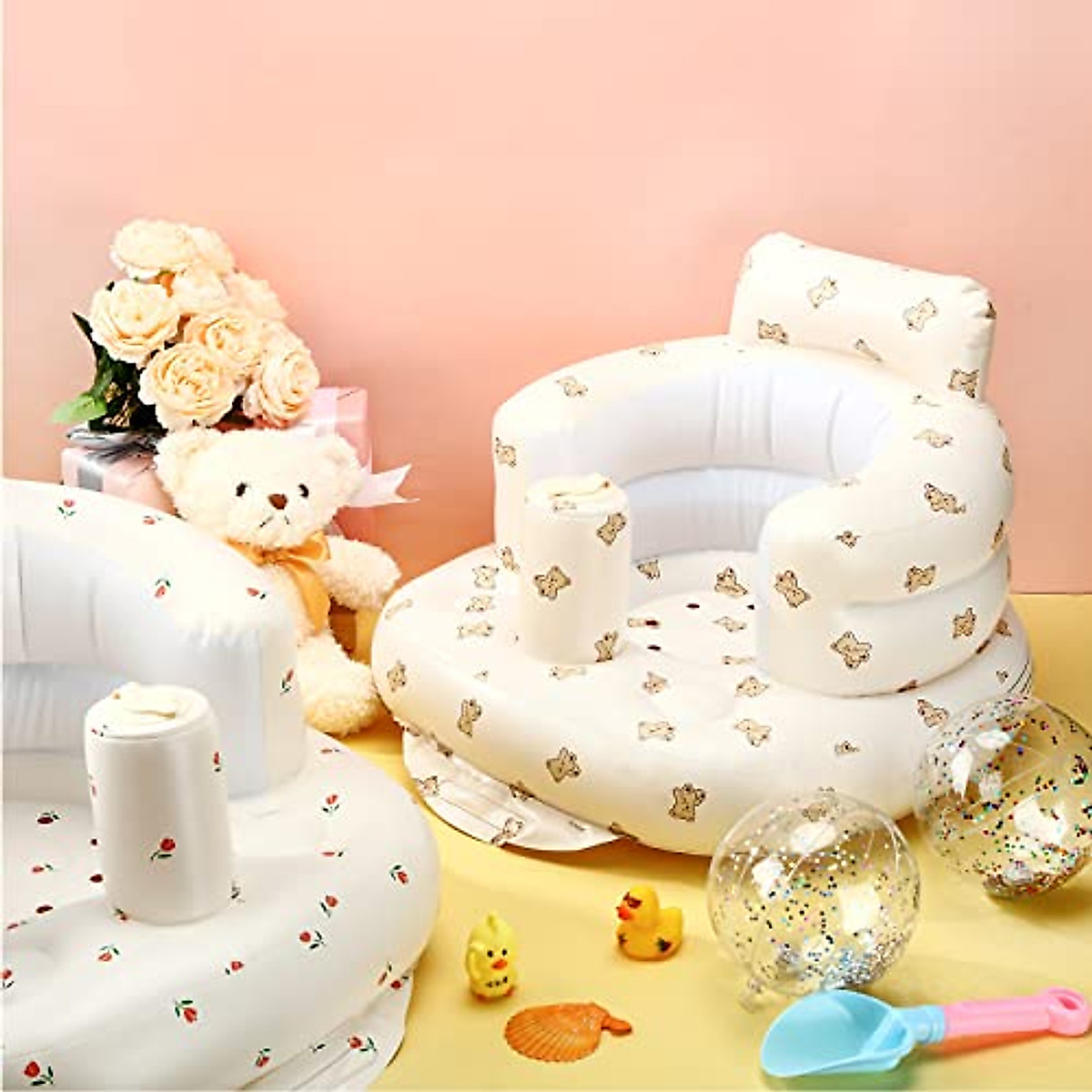 2 Pcs Baby Inflatable Seat for Sitting up 3 Months and up Air Pump Infant Back Support Sofa Summer Sit Me up Floor Seat Portable Sit Me up Chair for Toddlers Shower Gifts for Baby, Bear, Tulip