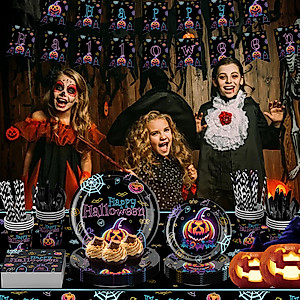 150 Pcs Neon Halloween Party Supplies for 16 Guest, Glow in The Dark Halloween Paper Plates and Napkins Disposable Tableware Set Include Knife Fork Spoon for Happy Halloween Birthday Party Supplies