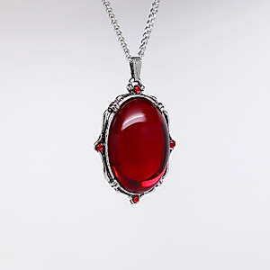 Blood Red Oval Stone In Silver Finish Pewter Frame Pendant Necklace