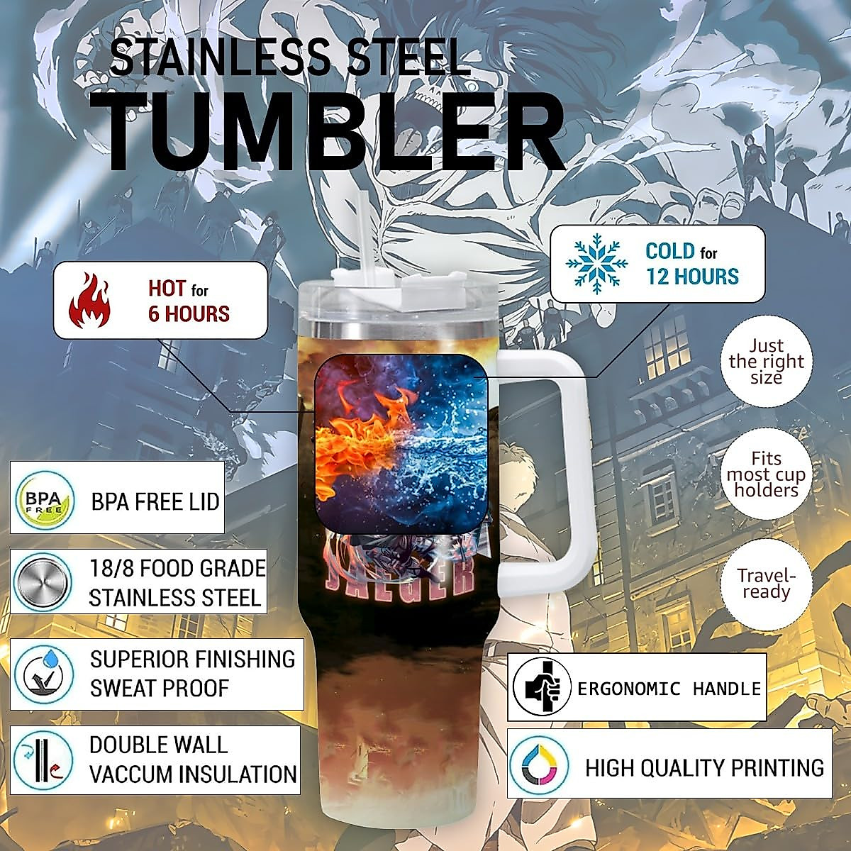 TEEDUU Tumbler Er3n Insulated Tumbler With Handle Stainless Steel Double Wall Vacuum AOT Anime Tumblers Hot Cold Tea Coffee Travel Cup Thermos Mug Gift