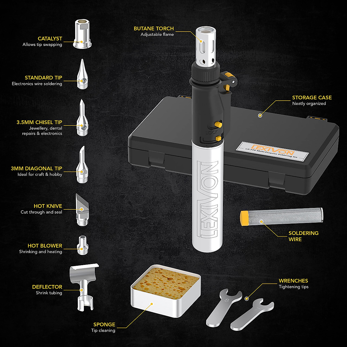 LEXIVON Butane Soldering Iron Multi-Purpose Kit | Cordless Self-Igniting Adjustable Flame 7-Tip Set | Pro-Grade (LX-770)