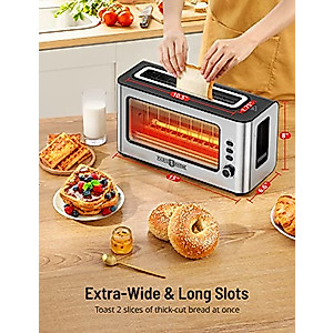 Toaster, Paris Rhône Toaster 2 Slice Extra Wide Long Slot Retro Toaster with Easy View Window, 6 Browning Levels, Easy to Clean, Auto Shutoff, Stainless Steel Silver Toaster for Bagels, Waffles (Silver)