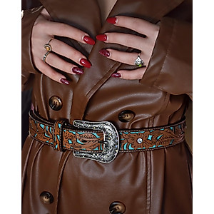 TRIWORKS Western Belts for Women Cowgirl,Cowboy Bling Country Turquoise Belts for Jeans Pants Dresses,B-Brown/Blue