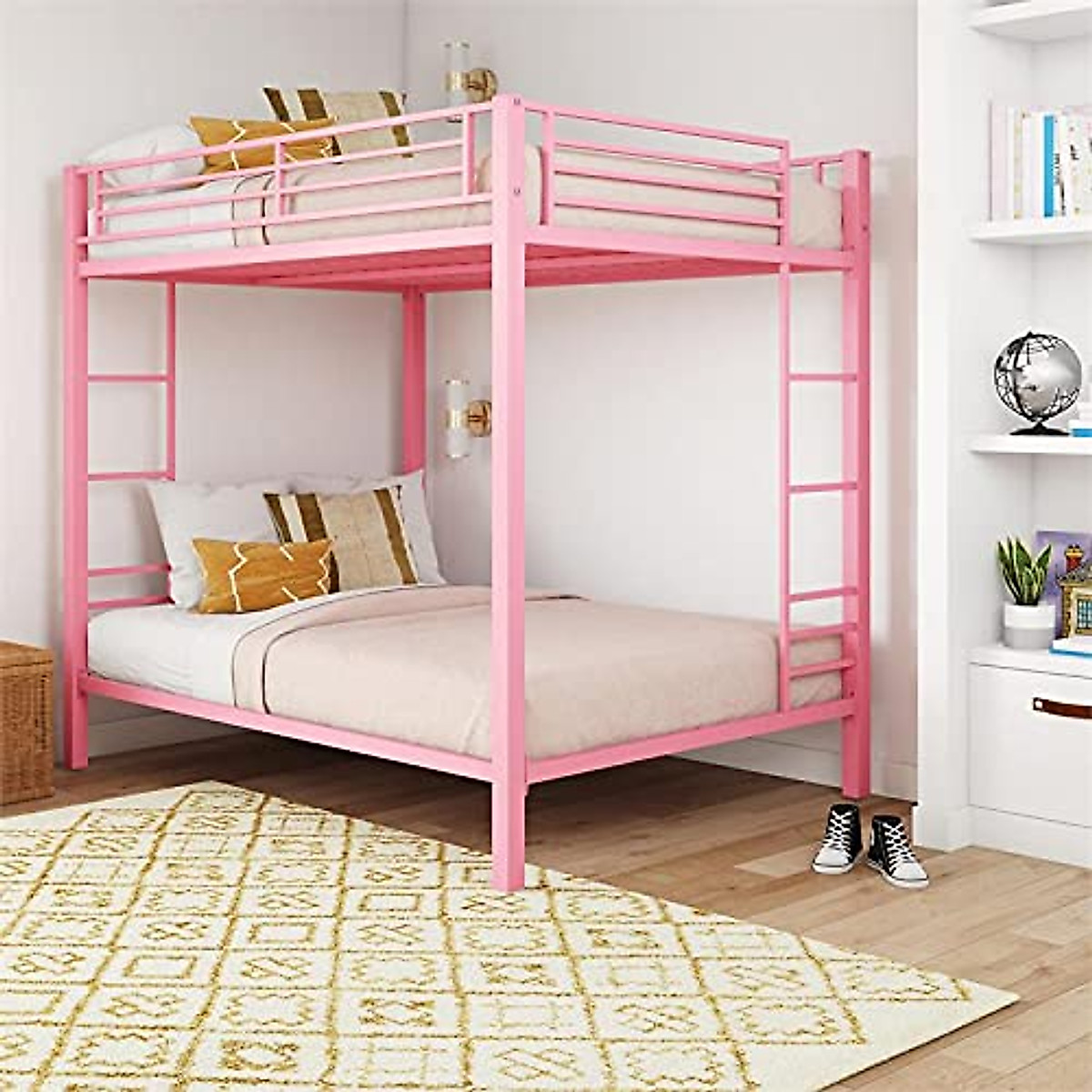 DHP Full over Full Bunk Bed for Kids, Metal Frame with Ladder (Pink)