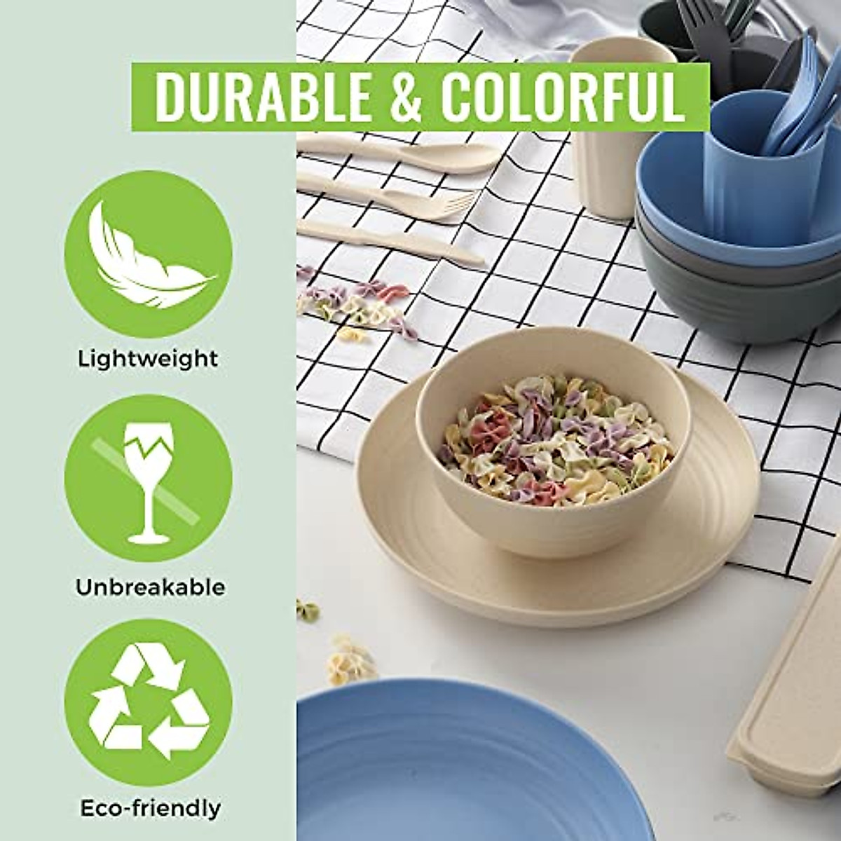 AR Kitchen Wheat Straw Dinnerware Set - 28-Pcs Unbreakable Dinnerware Set with Plates, Bowls, Cutlery, Drinking Cups - Eco-Friendly Natural Wheat Straw - Non-BPA Food-Grade Microwave-Safe Dinnerware