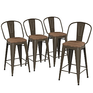 Yongqiang 26 inch Bar Stools Set of 4 Kitchen Counter Height Bar Chairs High Back Metal Barstools with Large Wooden Seat Industrial Rusty