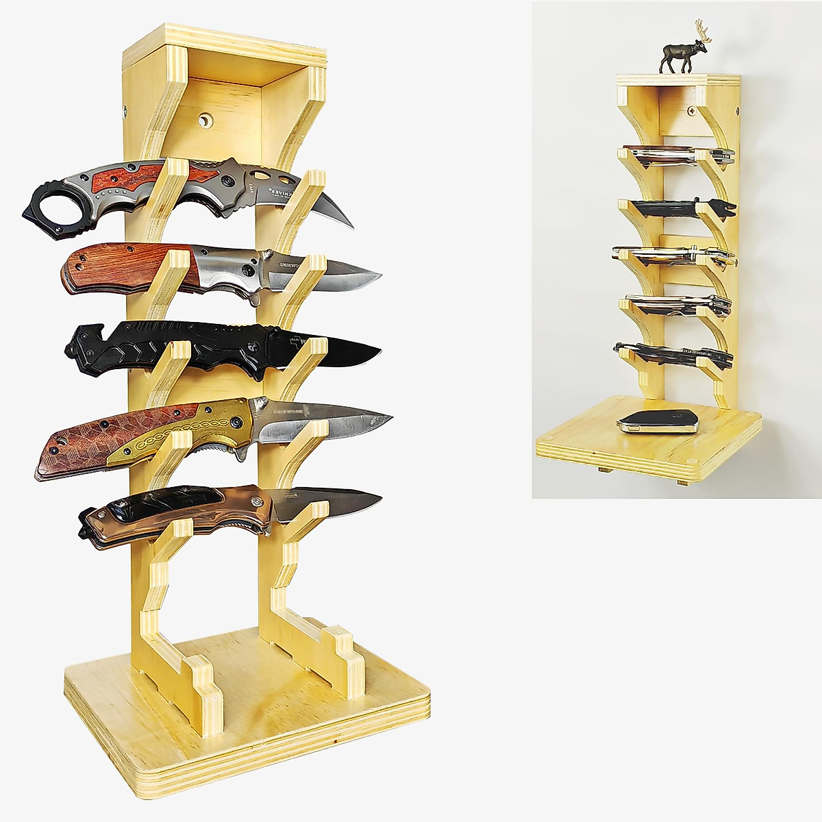 Griiyakii Premium Wooden Knife Display Stand with Tray – Versatile Desktop and Wall-Mounted Storage Holder for Up to 5 Knives