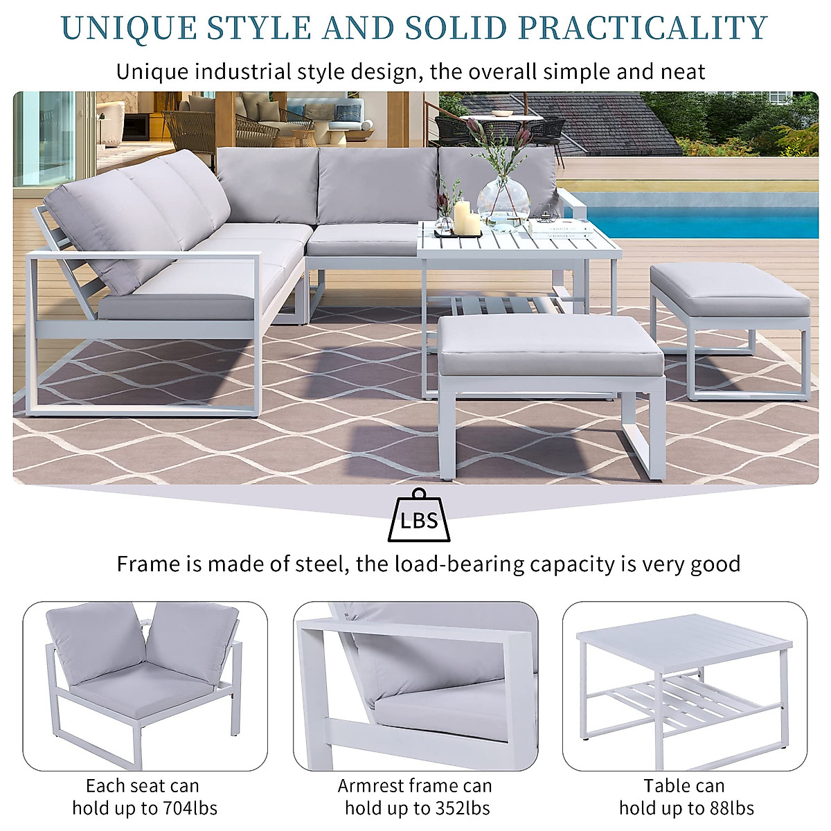 BIADNBZ 6-Pieces Patio Furniture Set for 7,Outdoor Conversation Sectional Sofa with with 1 Table and 2 Benches for Garden Deck Backyard, White