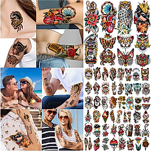 Yazhiji 77sheets Waterproof Fake Tattoo for Men or Women 17sheets Larger Half Arm Owl Peony Butterfly Snake Temporary Tattoos for Boy or Girl And 60 sheets Tiny Flower Tattoo Sticker for Kids