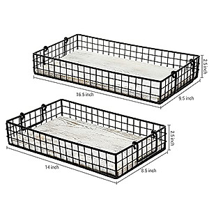 MyGift Black Metal Wire and Whitewashed Wood Decorative Tray with Handles, Nesting Storage Organizer Basket Trays, Set of 2