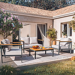 Greesum 4 Piece Furniture Patio Lounge Conversation Set Solid Wood Armrest & Table Top Anti-Drop Thick Waterproof Cushion, Onesize, Light Beige