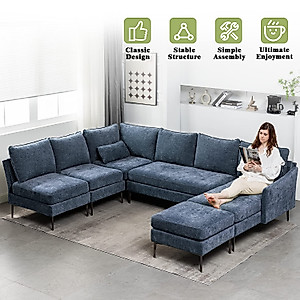 MELLCOM 113" Cloud Couch Sectional 6-Seat U Shaped Modular Sofa w/Chaise & Ottoman, Comfy Memory Foam Modular Couch in Washable Chenille Fabric, Modern Living Room Sectional Sofa, Blue