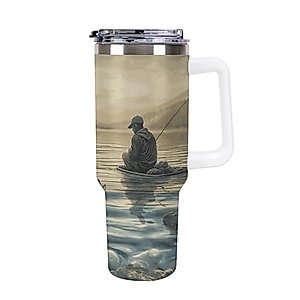 LLUTSNTH 40 Oz Vacuum Tumbler with White Handle Leakproof Insulated Tumbler Lake Fish Fishing Stainless Steel Travel Mug with Lid And Straw Coffee Cup Cute Water Bottles Cup Holder Friendly