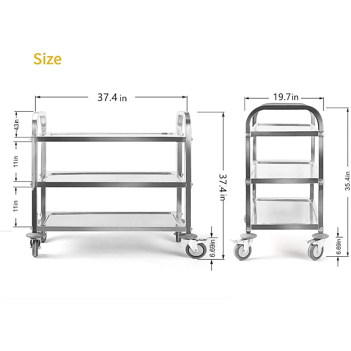 uyoyous Stainless Steel Utility Cart 37"x20"x37" 3-Tier Large Heavy Duty Industrial Serving cart with 360°Rotation Wheels Kitchen Island Stainless Steel Storage Trolley for Hotel Restaurant Home Use