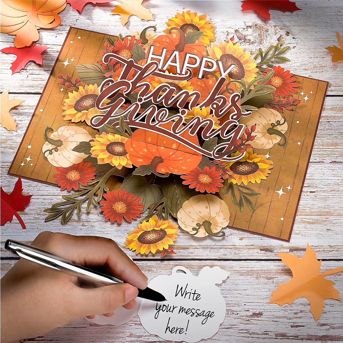 POPWOW Happy Thanksgiving Pop Up Card, Pumpkin, Flowers, Envelopes, Thanks Giving Themed, Thankful 3D Popup Greeting Cards, Ideal Gifts for Mom, Sister, Grandma, Girl, Women, 5x7