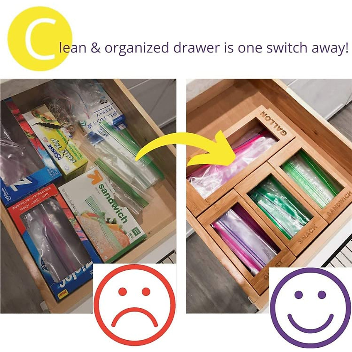 Ziplock Bag Organizer for Kitchen Drawer | Bamboo Food Storage Organizer Set for Ziplock Bags | 4 Pieces: Gallon, Quart, Snack & Sandwich | Compatible with Popular Brands like: Ziplock, Glad,and Hefty