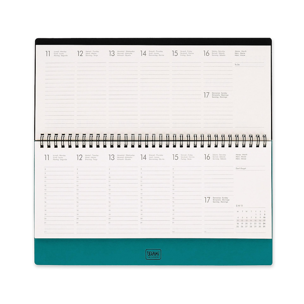 Legami - Desk Planning, 13 Months, from January 2024 to January 2025, Spiral Binding, One Week by Page, Holiday Plan, International Parties, Address Book, 29x15 cm, Malachite green