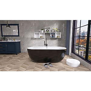 KUIKUI Classic Oval Shape Soaking Bathtub, 55" Acrylic Free Standing Bathtub withe Freestanding, Integrated Slotted Overflow,Pop-up Drain, Anti-clogging Black