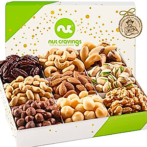 Mixed Nuts Gift Basket in White Gold Box (9 Assortments) Purim Mishloach Manot Gourmet Food Bouquet Arrangement Platter, Birthday Care Package, Healthy Kosher Snack Tray, Her Him Women Men