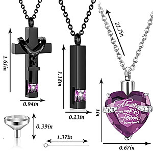 weikui 3 Pieces Heart Cross Cubic Urn Necklace for Ashes for Men Women Cremation Jewelry Crystal Memorial Locket Ashes Pendant Family Keepsake Sharing Jewelry Set (3 Black Pendants - Purple)