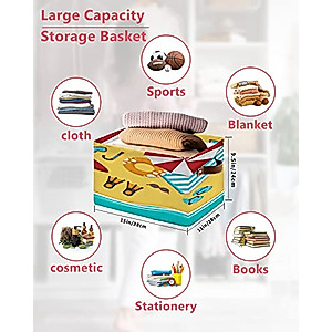 Storage Bins,Ocean Summer Beach Ball Surfboard Swim Ring Storage Basket with Handles,Waterproof Collapsible Storage Bin,Cartoon Marine Diving Flip-Flops Storage Organizer Shelves Closet Living Room