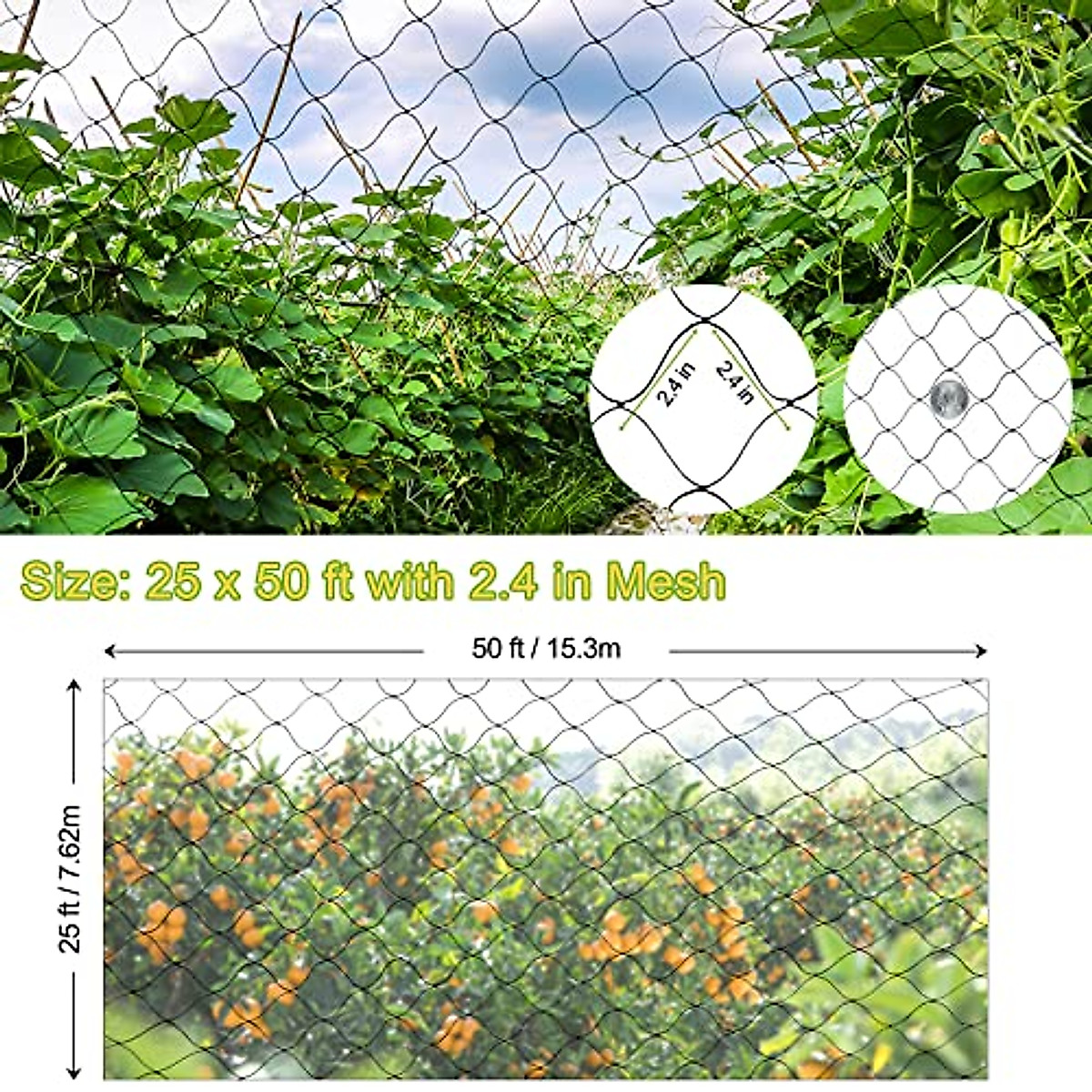 boknight Bird Netting for Garden, 25 X 50 feet Net Netting for Bird Poultry Aviary Heavy Duty Chicken Netting with Ropes& Cable Ties, 2.4 inch Square Mesh Size (25' x 50'-2.4'')