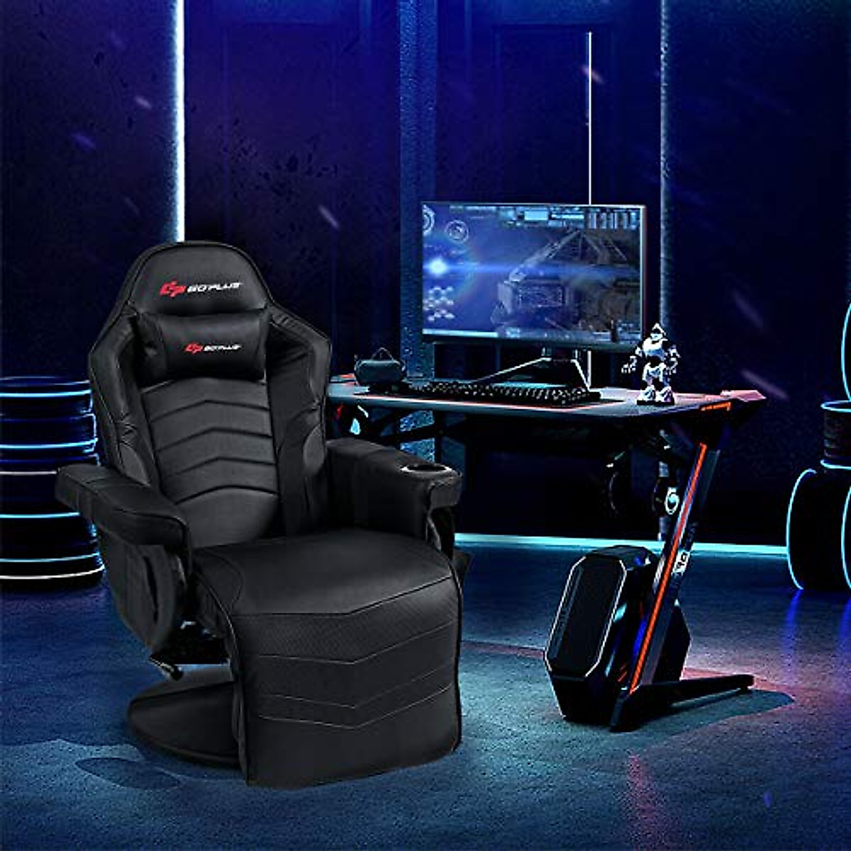 Goplus Massage Gaming Chair, Racing Style Gaming Recliner w/Adjustable Backrest and Footrest, Ergonomic High Back PU Leather Computer Office Chair Swivel Game Chair w/Cup Holder and Side Pouch