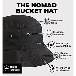 Tough Headwear Bucket Hat for Men & Women - UPF50+ Sun Protection - Foldable Beach Hat - Black