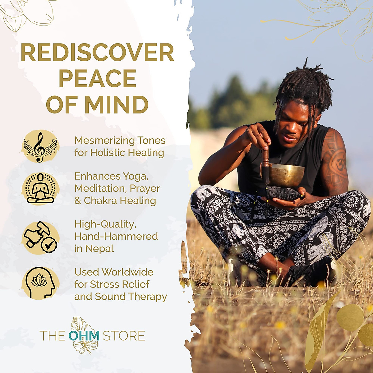 Ancient Design Large Etched Tibetan Singing Bowl Set by Ohm Store — Relaxing Deep Tone Meditation Sound Bowl and Wooden Mallet Handcrafted in Nepal — Purity Bowl (About 6 Inch)