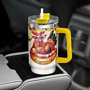 99OWL Crazy Chicken Lady Sunflower, Tumbler 40 Oz With Handle Lid And Straw, Chicken Gifts, Yellow Tumblers Coffee Cups Breed Handle Boss Swig Lovers Spring Women Butterfly