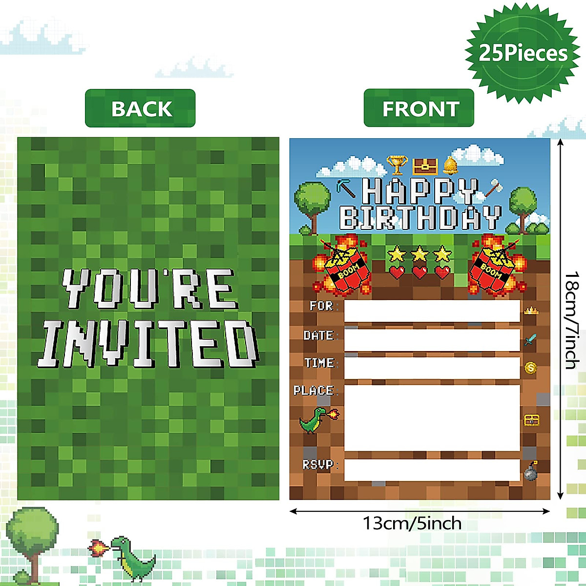 25 Pieces Pixel Video Birthday Party Supplies Game Themed Party Invitations Invite Card with Green Envelopes for Boy Kids Pixel Gamer Party Decorations Supplies