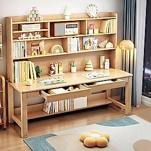 BALANBO Kids Desk Kids Table with Hutch for Children Wood Table Solid Wood Desk Two Positions Suitable for Two People Suitable for Children's Study Adult Home Office and Other Places(Natural)